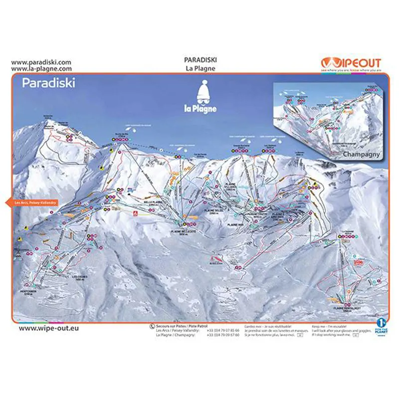 Paradiski Piste Map for Skiing and Snowboarding plus goggle cloth